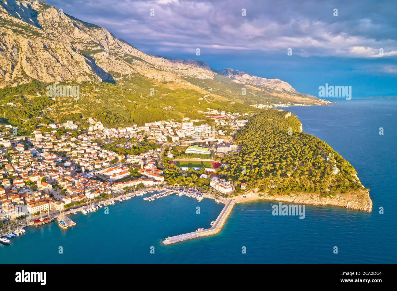 Makarska. Aerial view of Nugal in Town of Makarska and Biokovo mountain ...