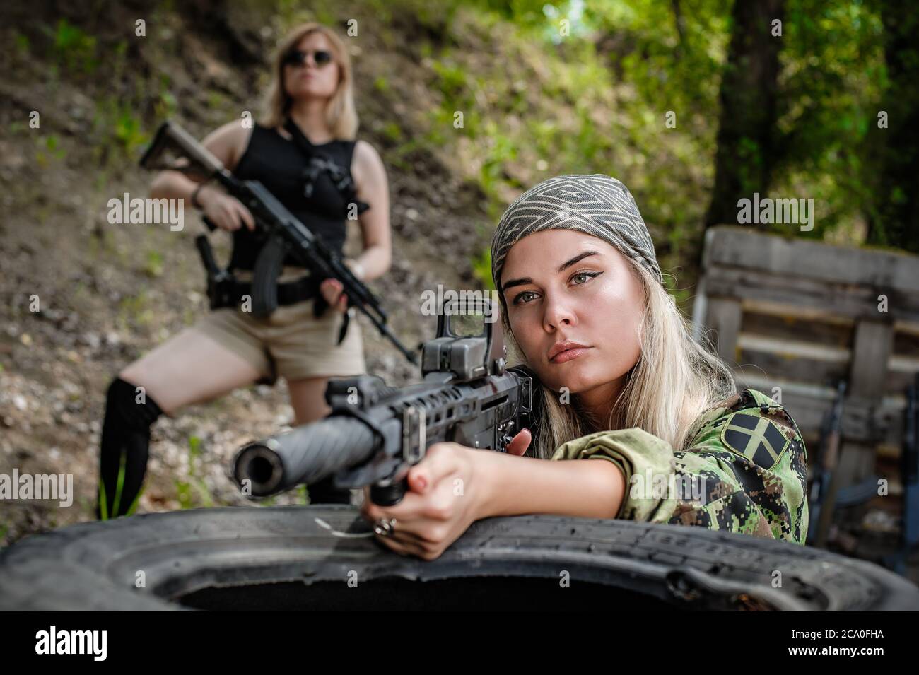 Combat team squad of attractive female military soldier have war ...