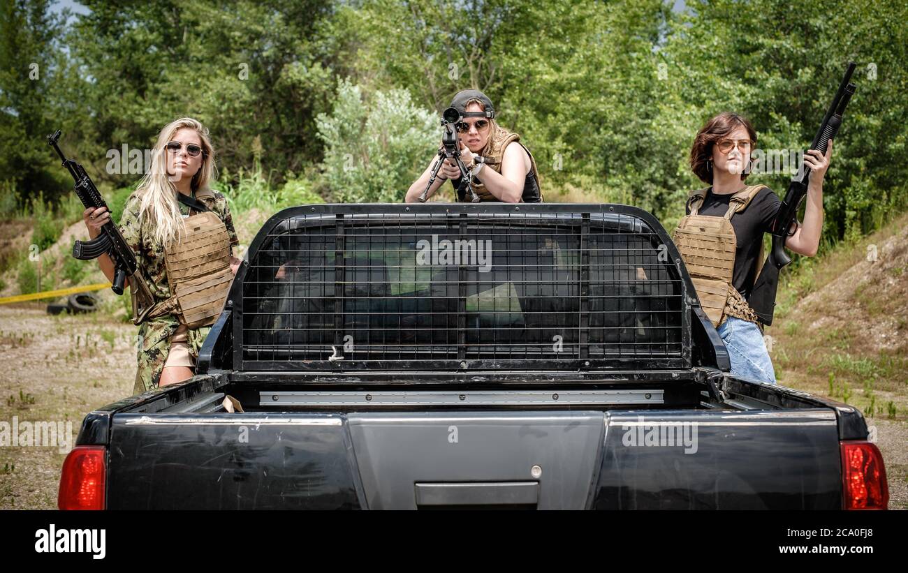 Female military security team with their jeep car, ready for defensive ...