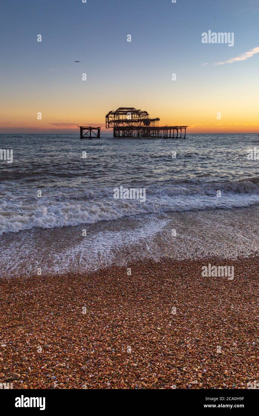 The Pebble Beach and West Pier at Sunset, in Brighton Stock Photo - Alamy