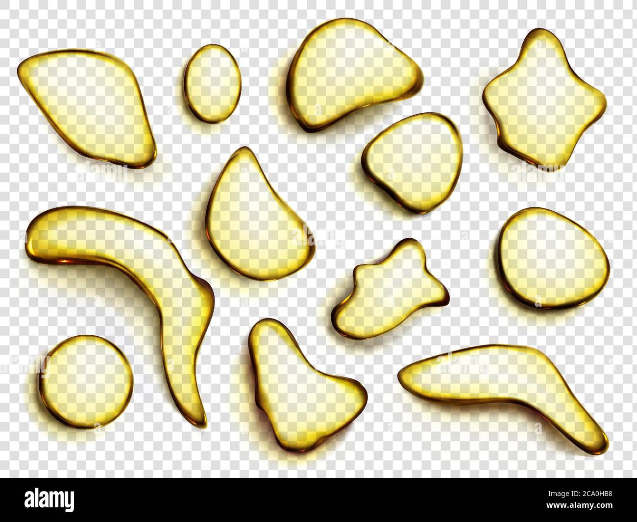 Oil drops, stains of juice or lemonade top view. Yellow liquid droplets ...