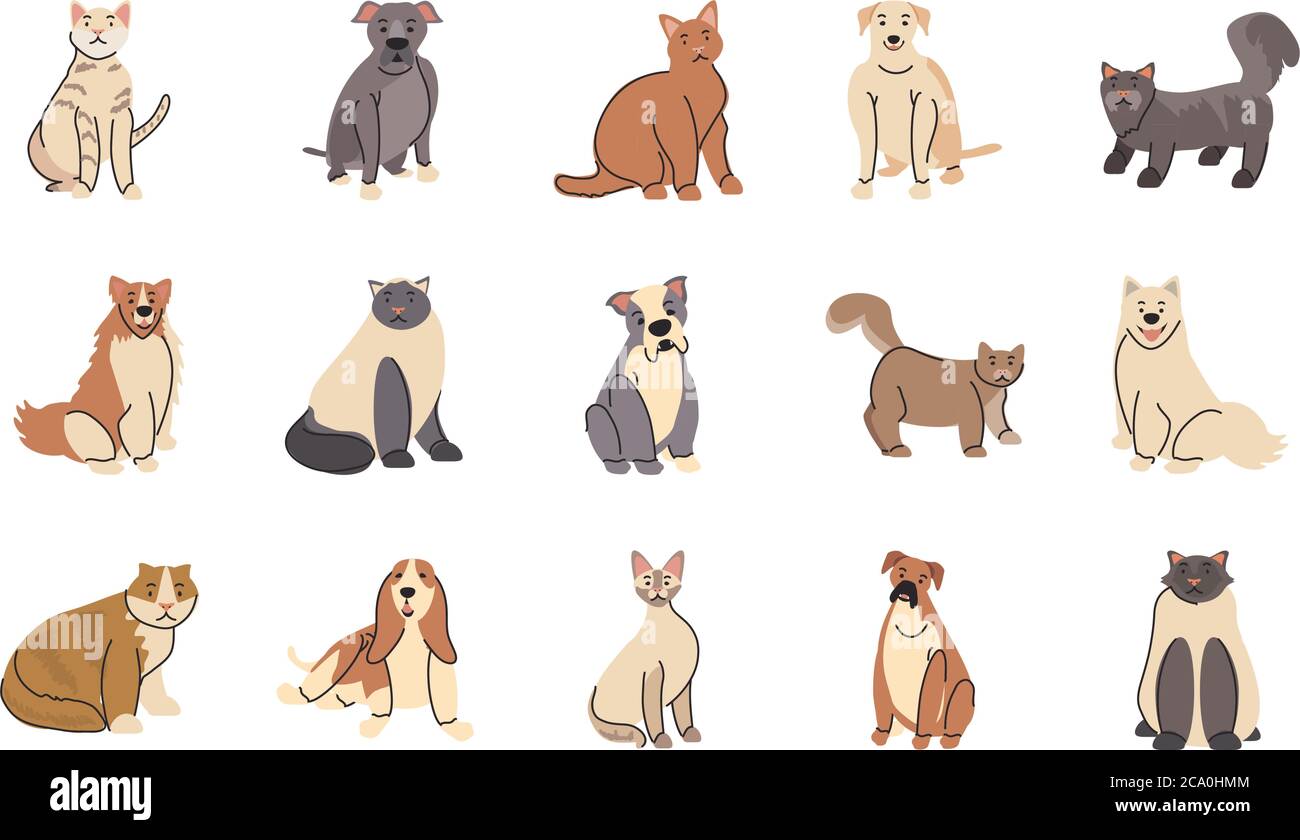 set of pets, different breeds of dogs and cats vector illustration ...
