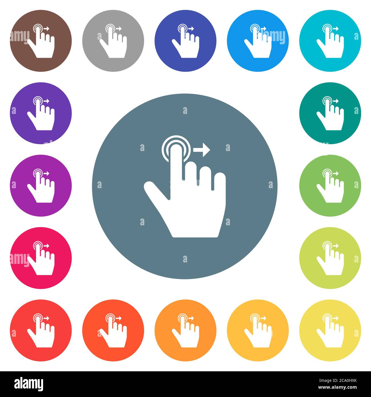 Right handed slide right gesture flat white icons on round color ...