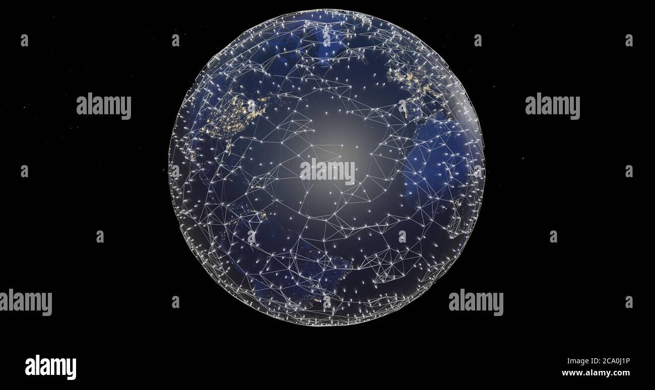 3d illiustration Blue planet rendered stars with networked data points ...