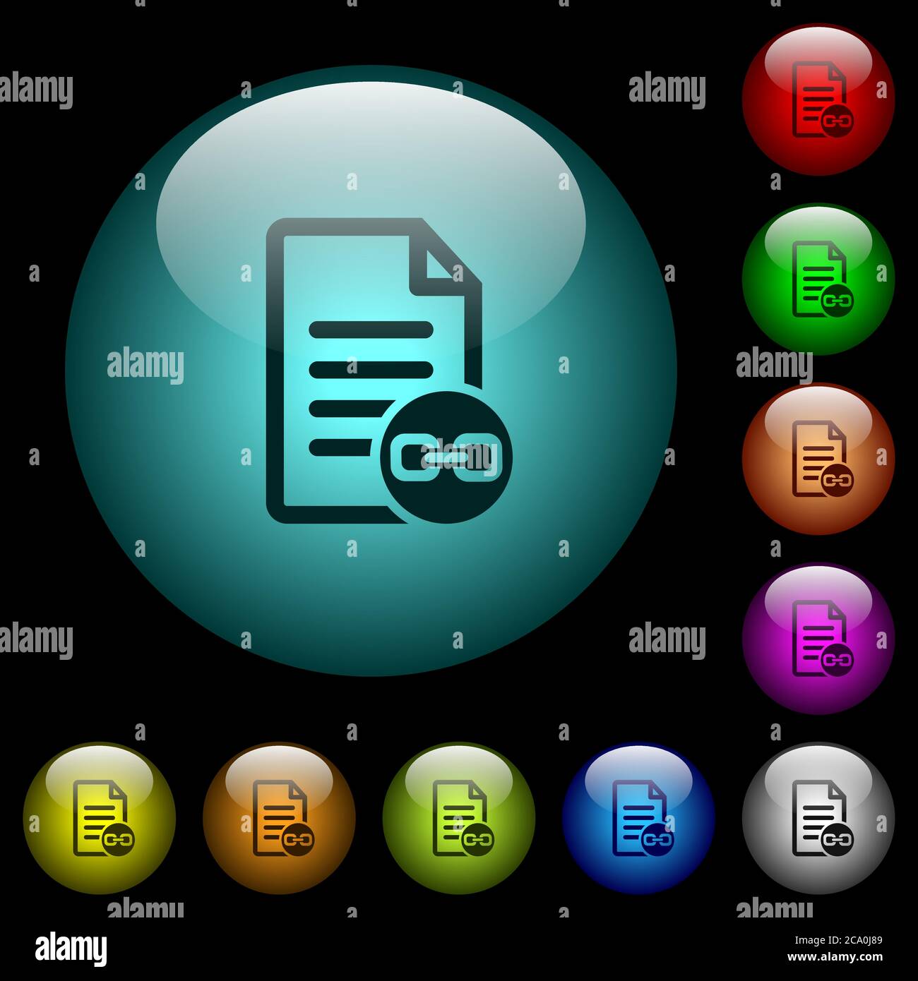 Document attachment icons in color illuminated spherical glass buttons ...