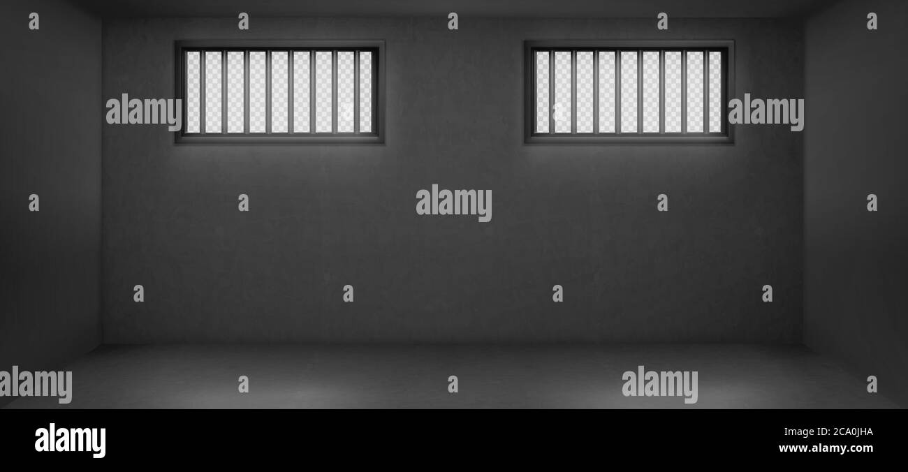Prison cell with barred windows, empty jail interior with grey concrete walls and sun rays ...