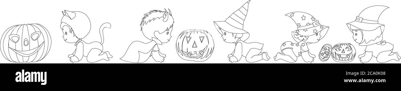 coloring page. Cute happy little kids in different halloween costumes ...