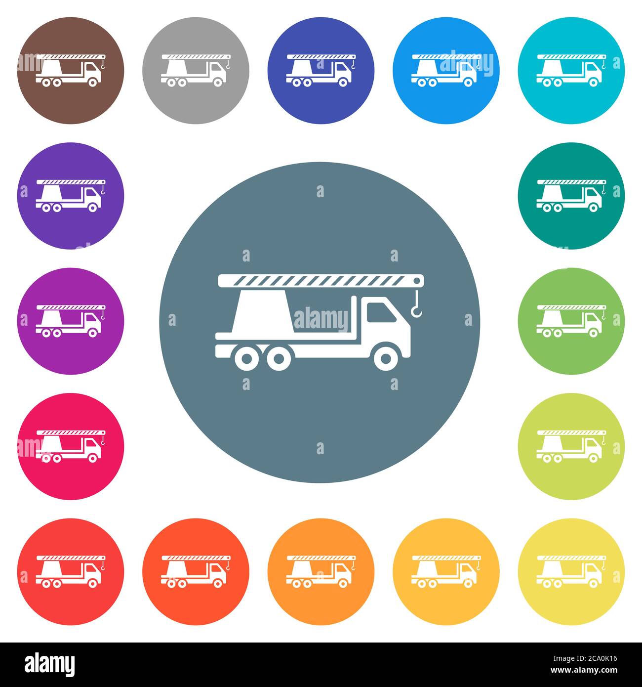 Crane truck flat white icons on round color backgrounds. 17 background ...