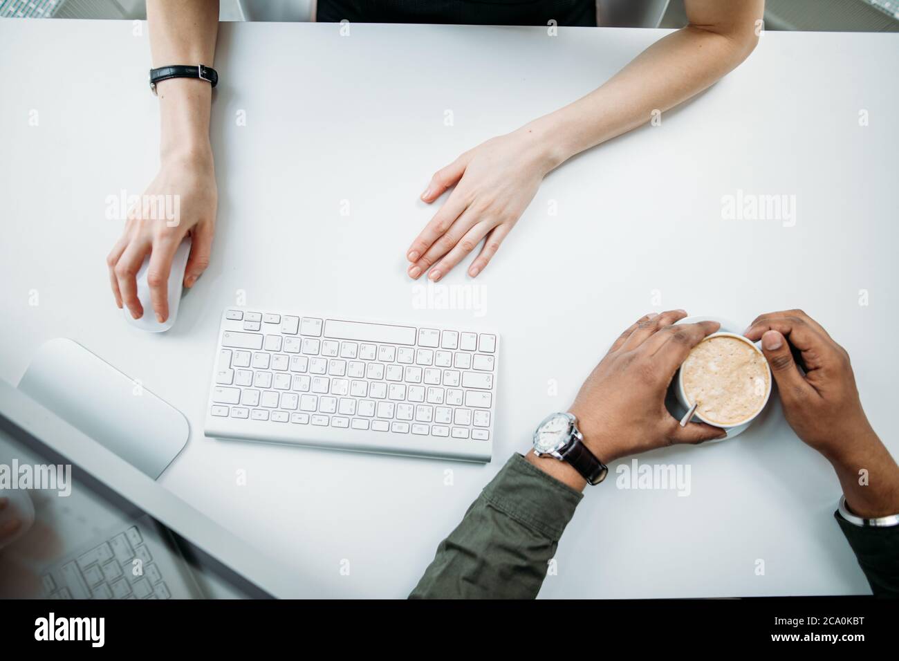 Business teamwork with laptop, mobile phone in coffee shop. top view ...