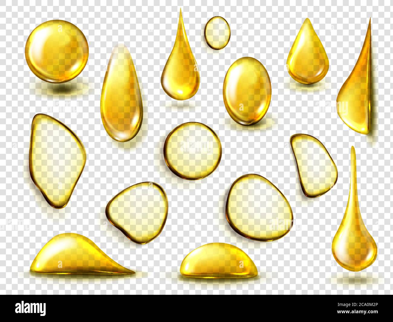 Golden drops and stains of oil or honey isolated on transparent ...