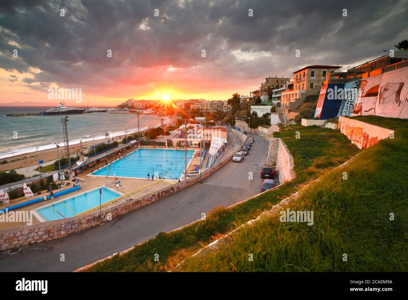 View of the municipal swiming pool in Piraeus and mouth of Zea marina ...