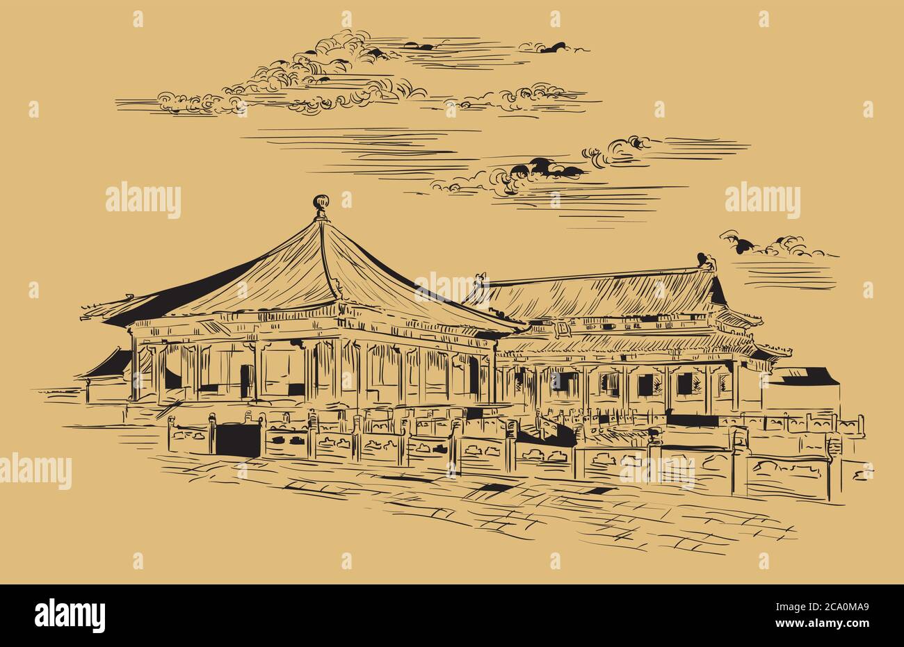 Forbidden city in Beijing, landmark of China. Hand drawn vector sketch ...