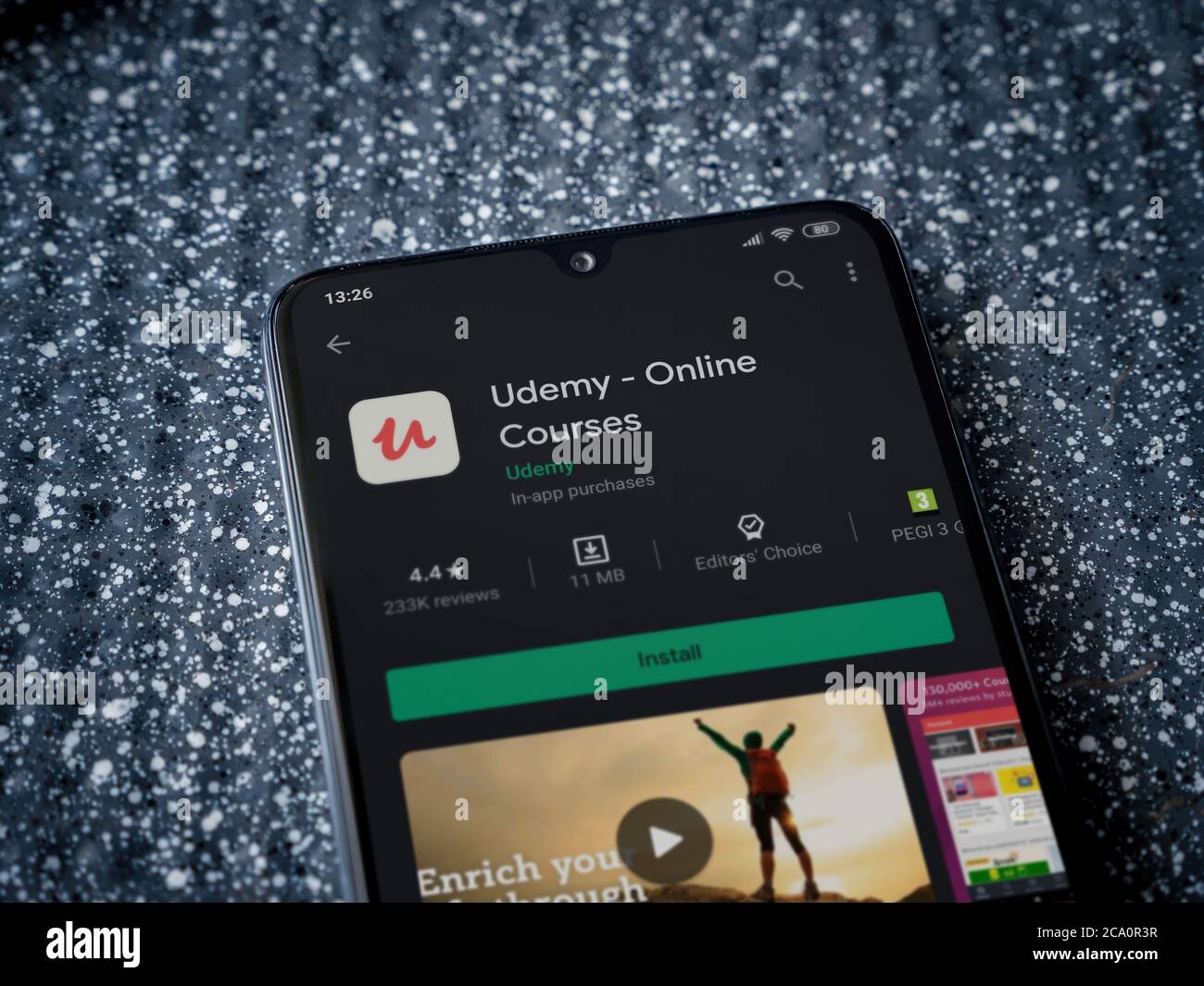 Lod, Israel - July 8, 2020: Udemy app play store page on the display of ...