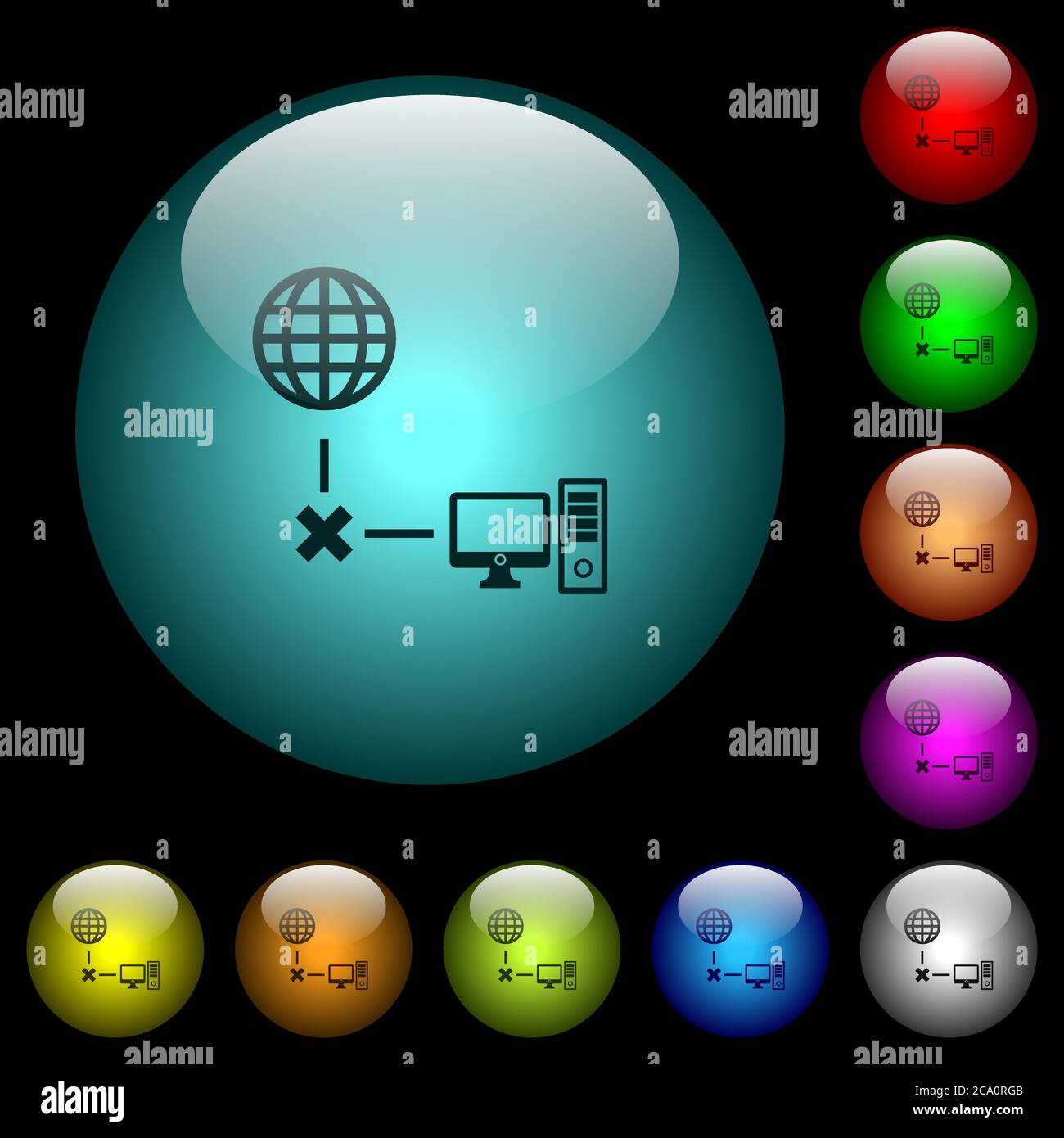Offline computer icons in color illuminated spherical glass buttons on ...
