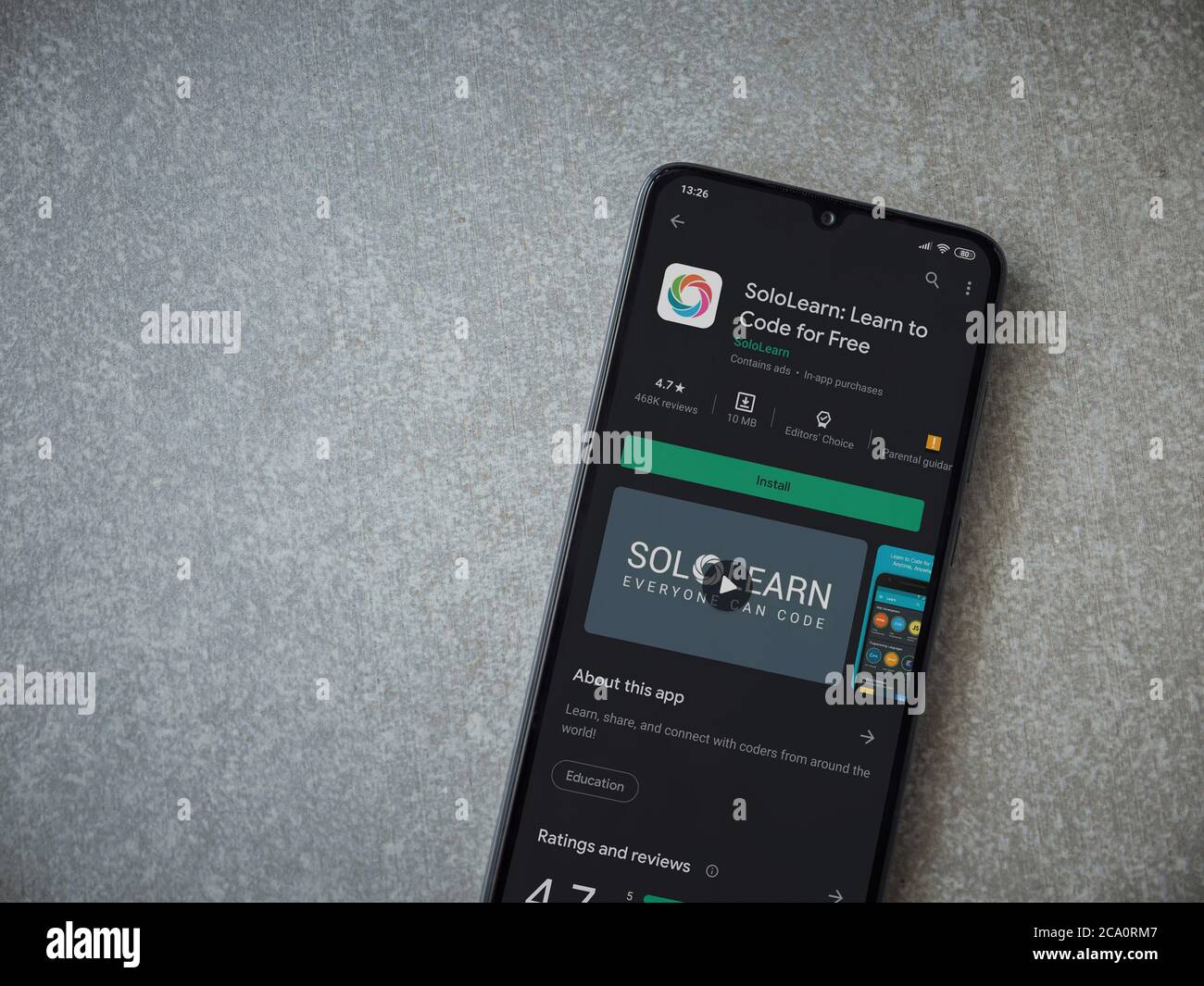 Lod, Israel - July 8, 2020: SoloLearn - Learning coding app play store page on the display of a ...