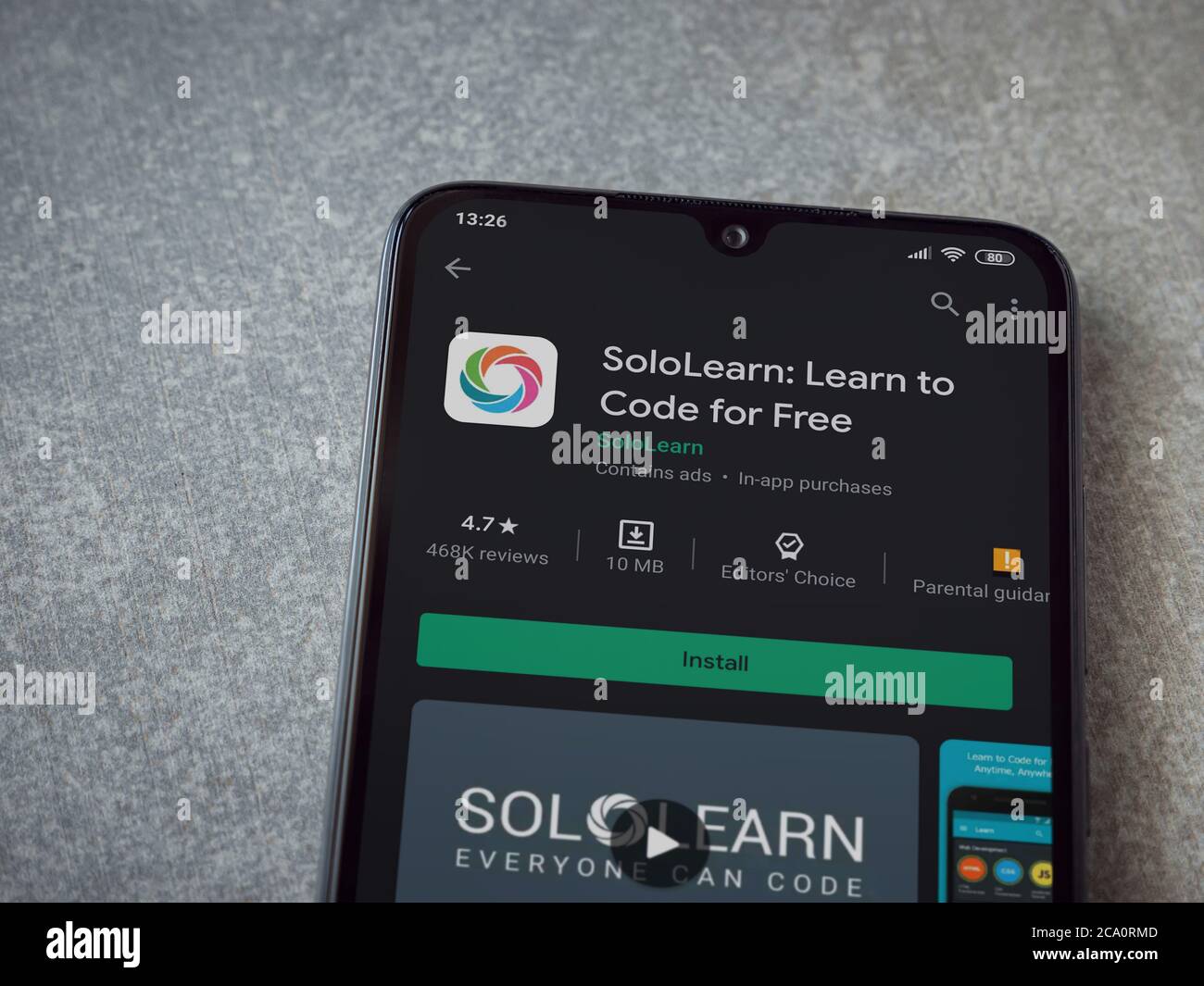Lod, Israel - July 8, 2020: SoloLearn - Learning coding app play store page on the display of a ...