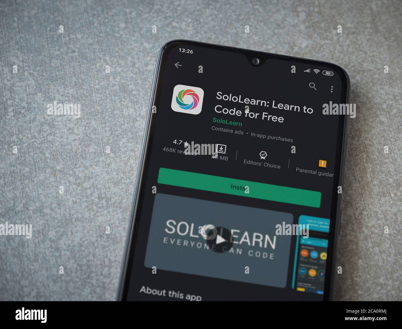 Lod, Israel - July 8, 2020: SoloLearn - Learning coding app play store page on the display of a ...