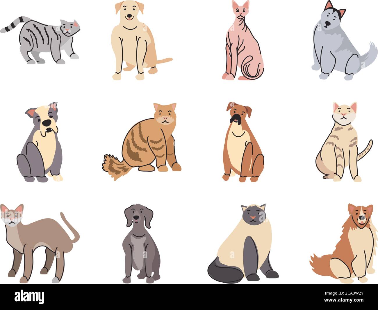 set of pets, different breeds of dogs and cats vector illustration ...