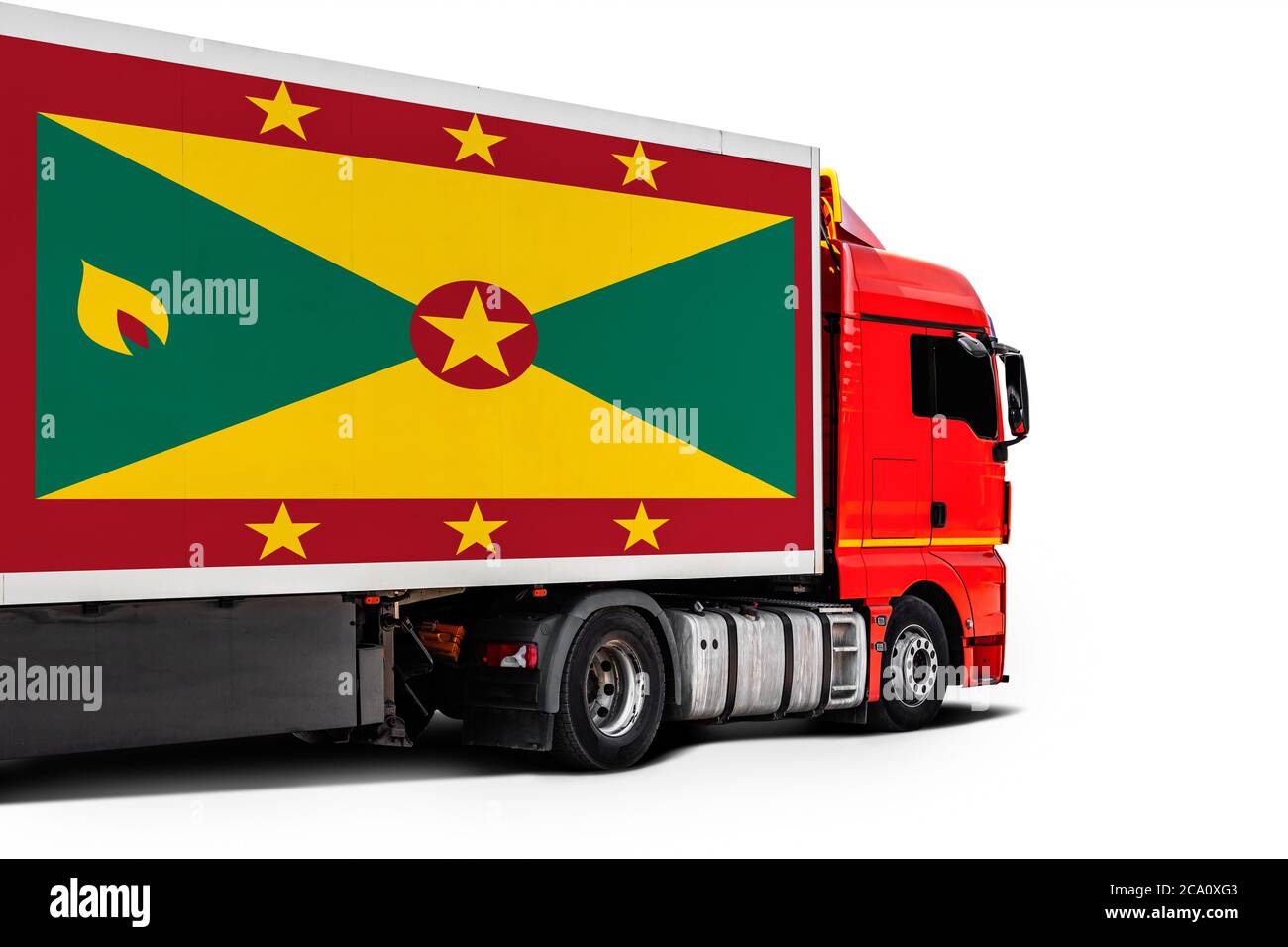 Big truck with the national flag of Grenada on white isolated ...