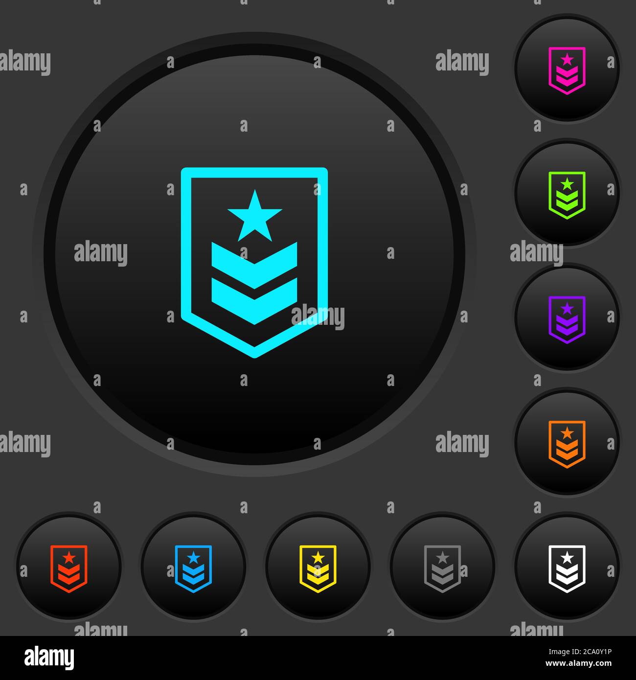 Military rank dark push buttons with vivid color icons on dark grey ...