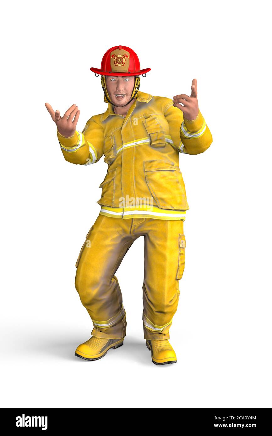 Smiling firefighter stands and shows the pointing gesture with his ...