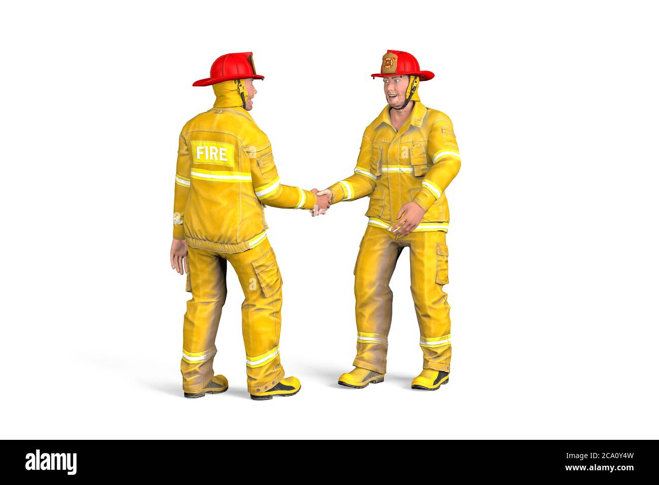 Two smiling firefighters shake hands in greeting - isolated on white ...