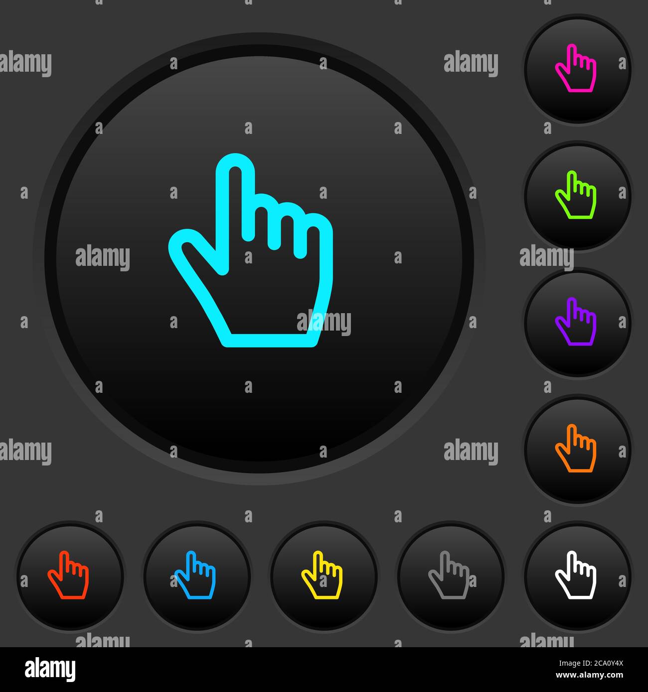 Hand cursor dark push buttons with vivid color icons on dark grey ...