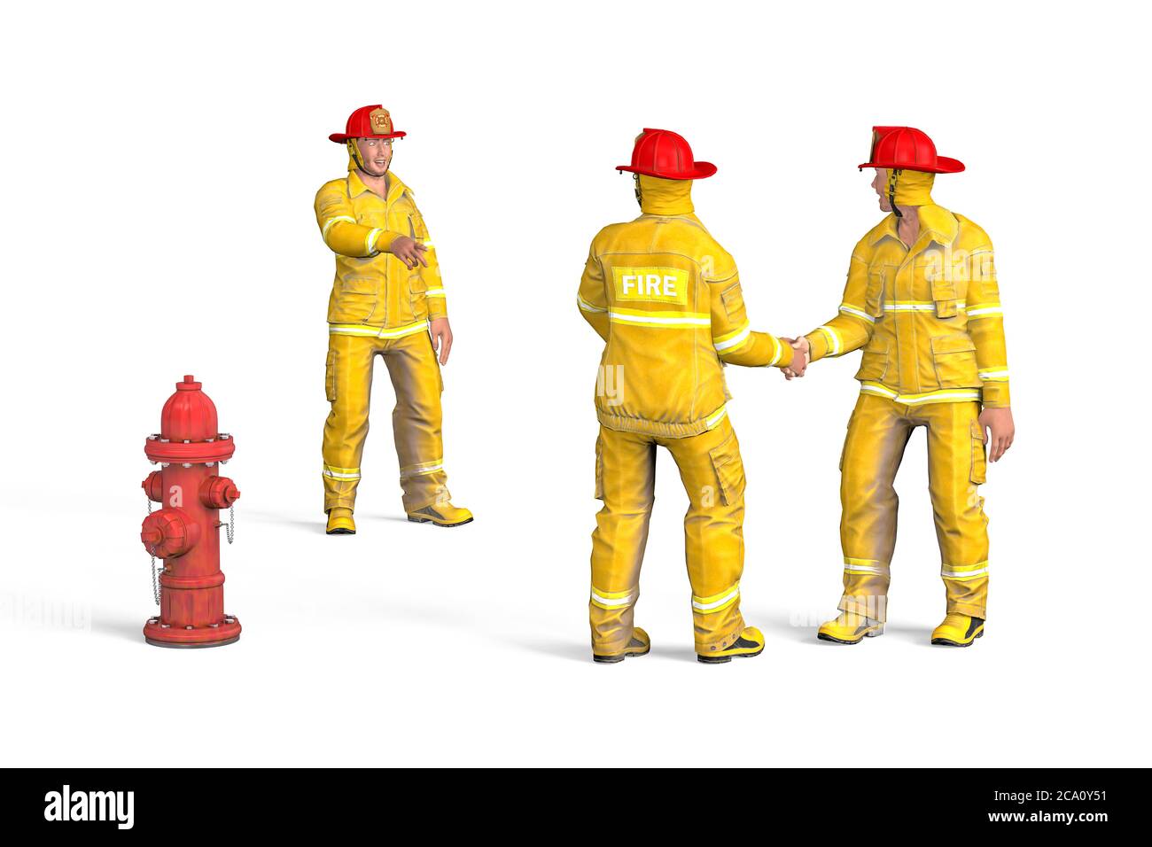 Two firefighters shake hands in greeting and the third one points at ...