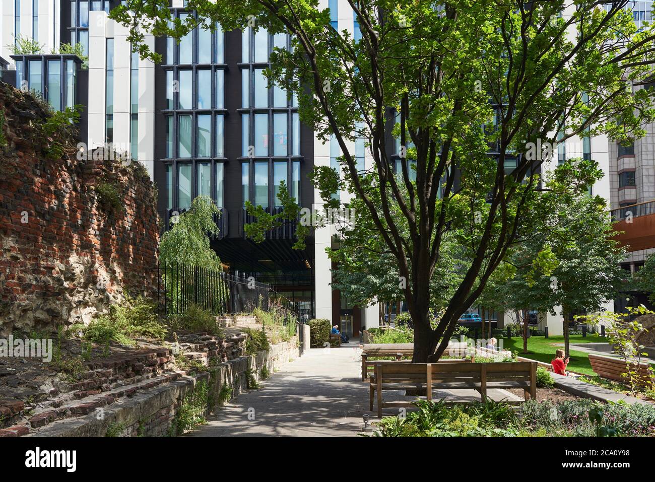 Historic wall remains and gardens on London Wall in the City of London ...