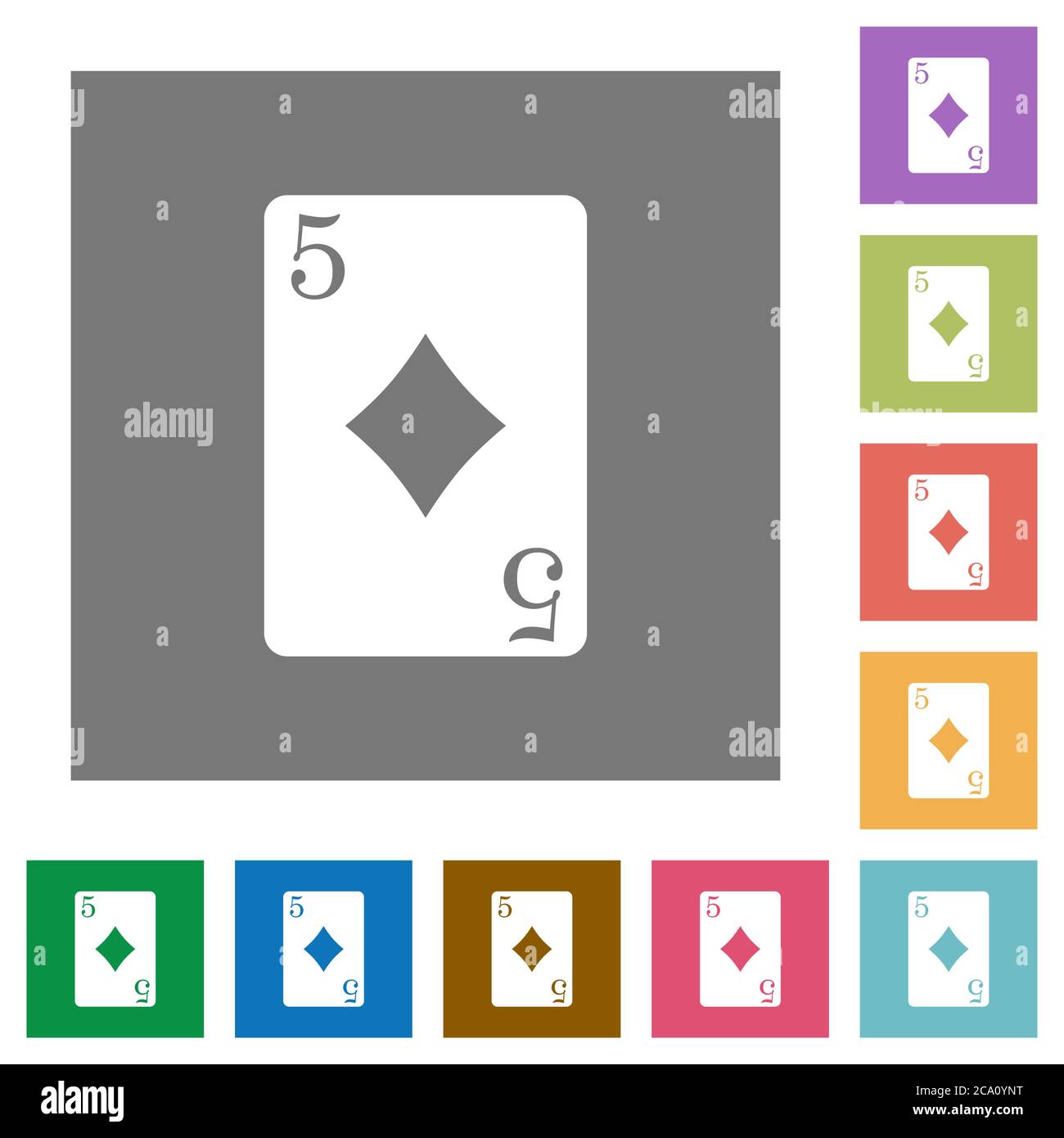 Five of diamonds card flat icons on simple color square backgrounds ...