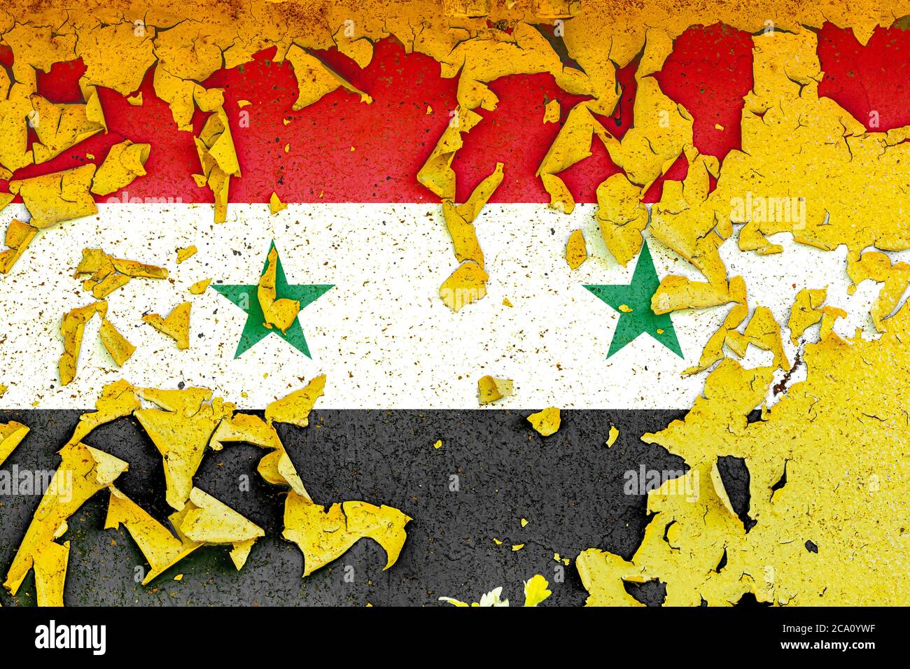 The national flag of Syria is painted on an old metal wall with ragged ...