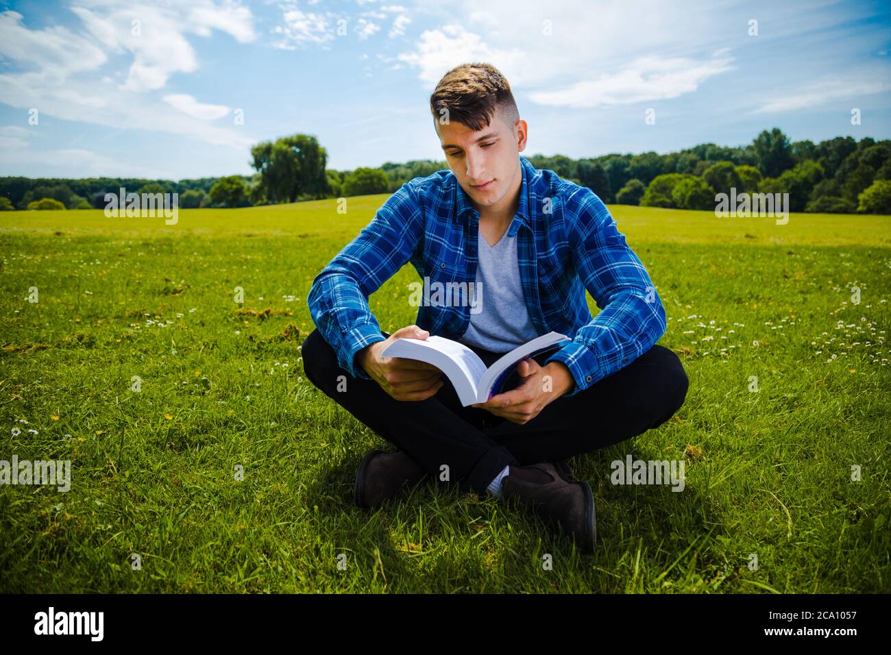 Handsome man sitting on the green grass in park hi-res stock ...