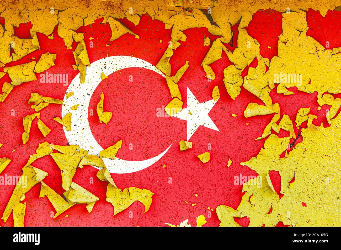 The national flag of Turkey is painted on an old metal wall with ragged ...