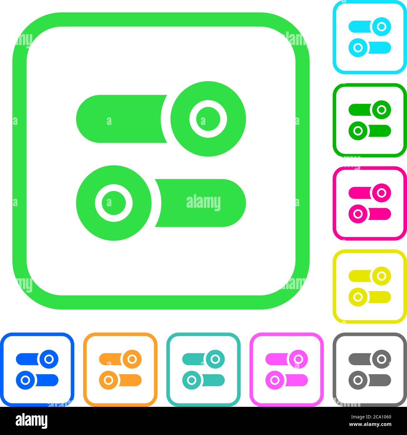 Toggle switches vivid colored flat icons in curved borders on white ...