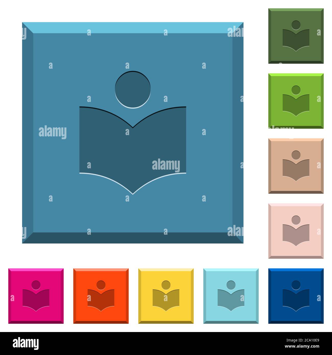 Library engraved icons on edged square buttons in various trendy colors ...