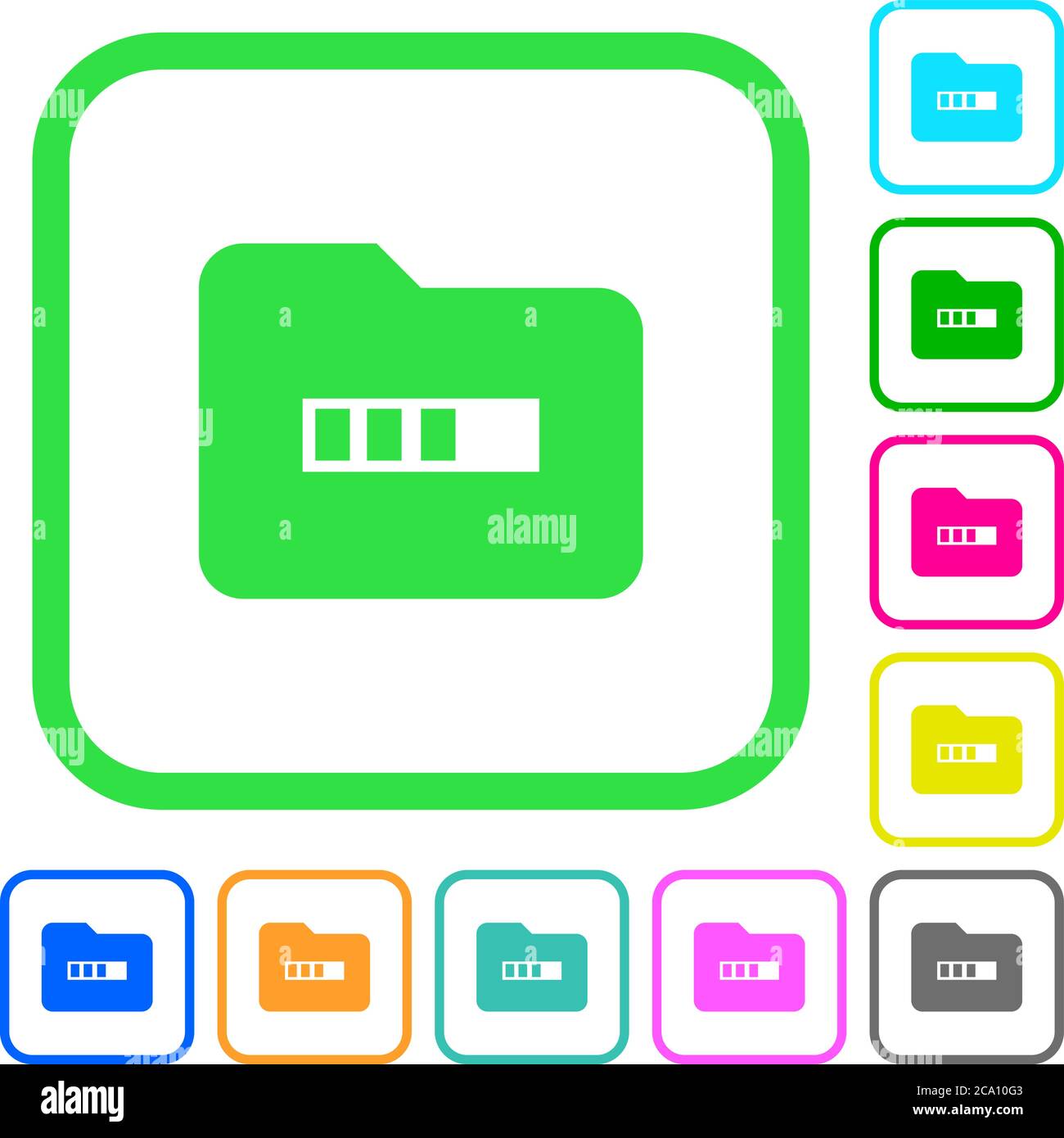 Processing folder vivid colored flat icons in curved borders on white ...