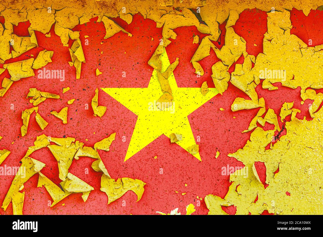 The national flag of Vietnam is painted on an old metal wall with ...