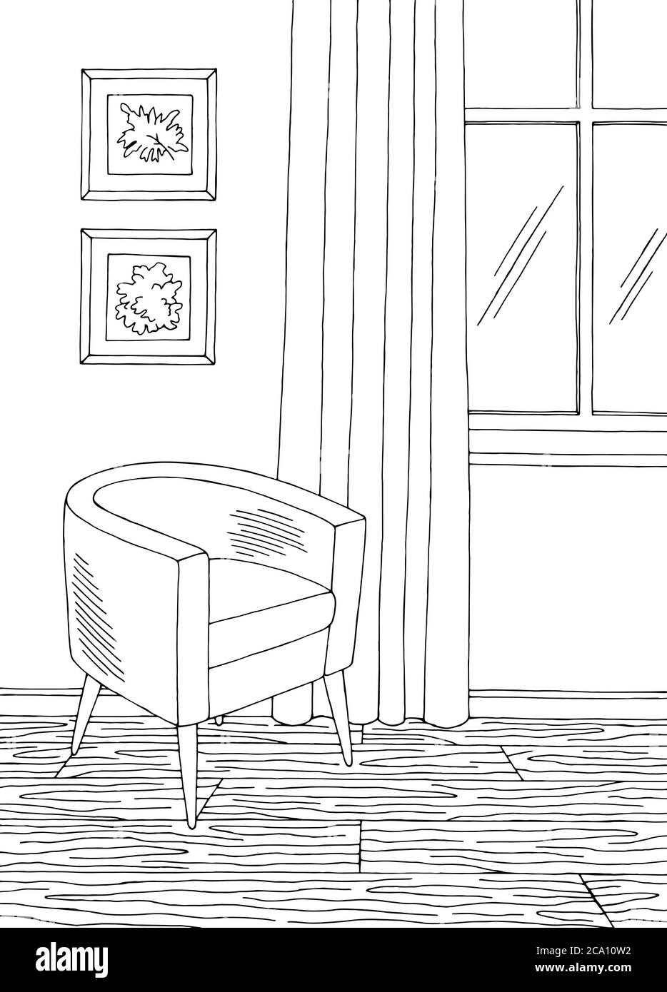 Living room graphic black white home interior vertical sketch ...