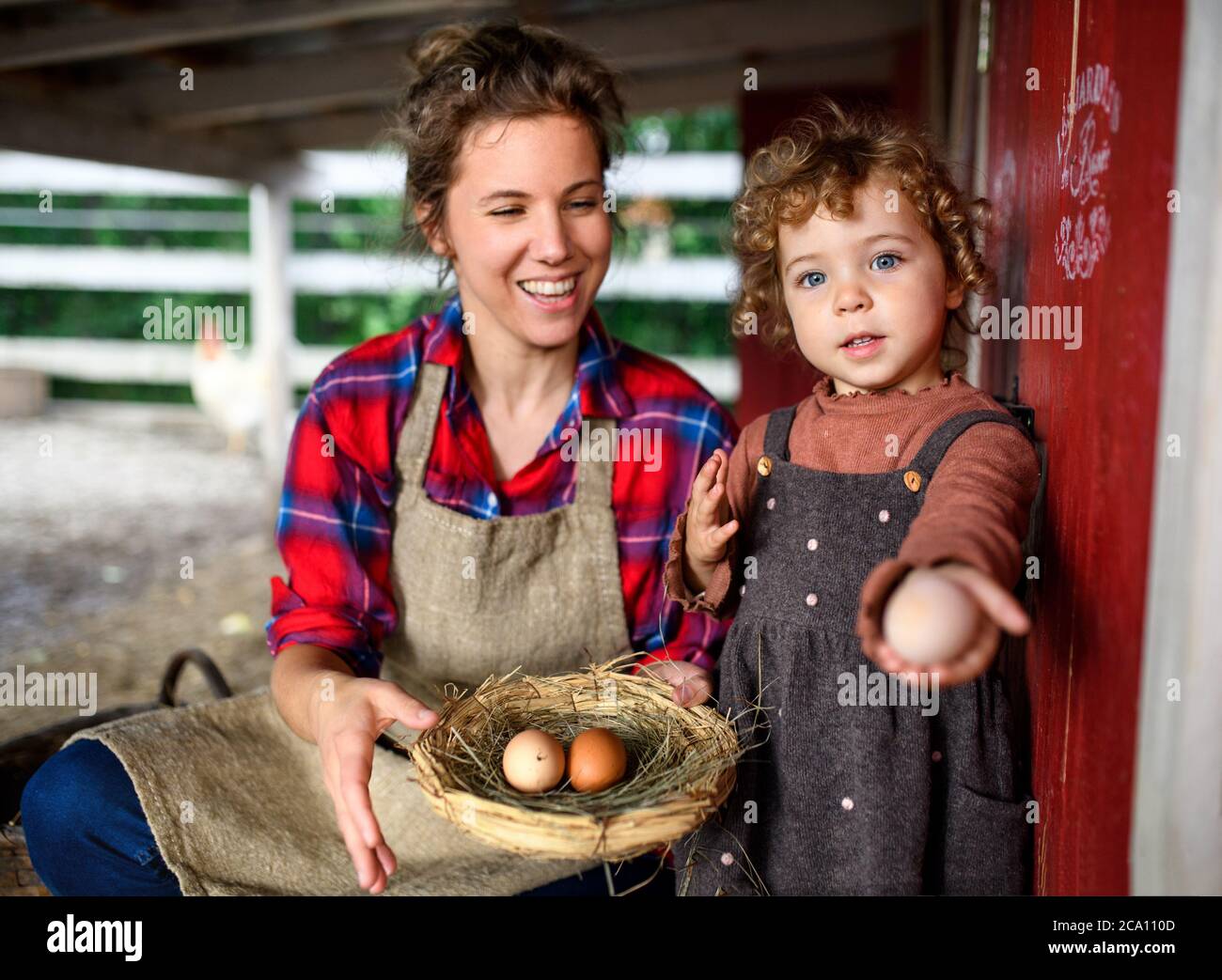 Portrait of mother with small daughter standing on farm, holding basket ...
