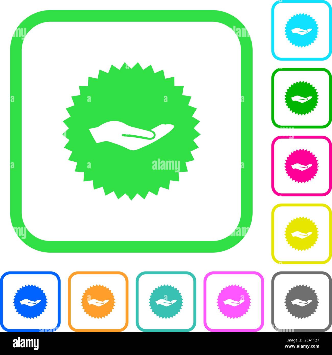Hand in sticker vivid colored flat icons in curved borders on white ...