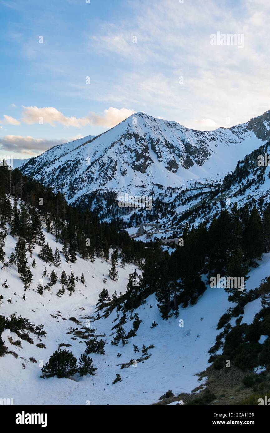 Views of a snowy peak among the snowy green forest Stock Photo - Alamy