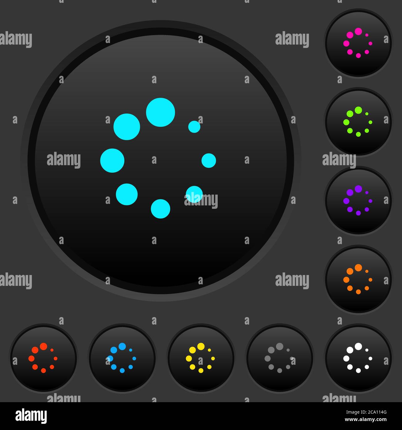 Preloader symbol dark push buttons with vivid color icons on dark grey ...