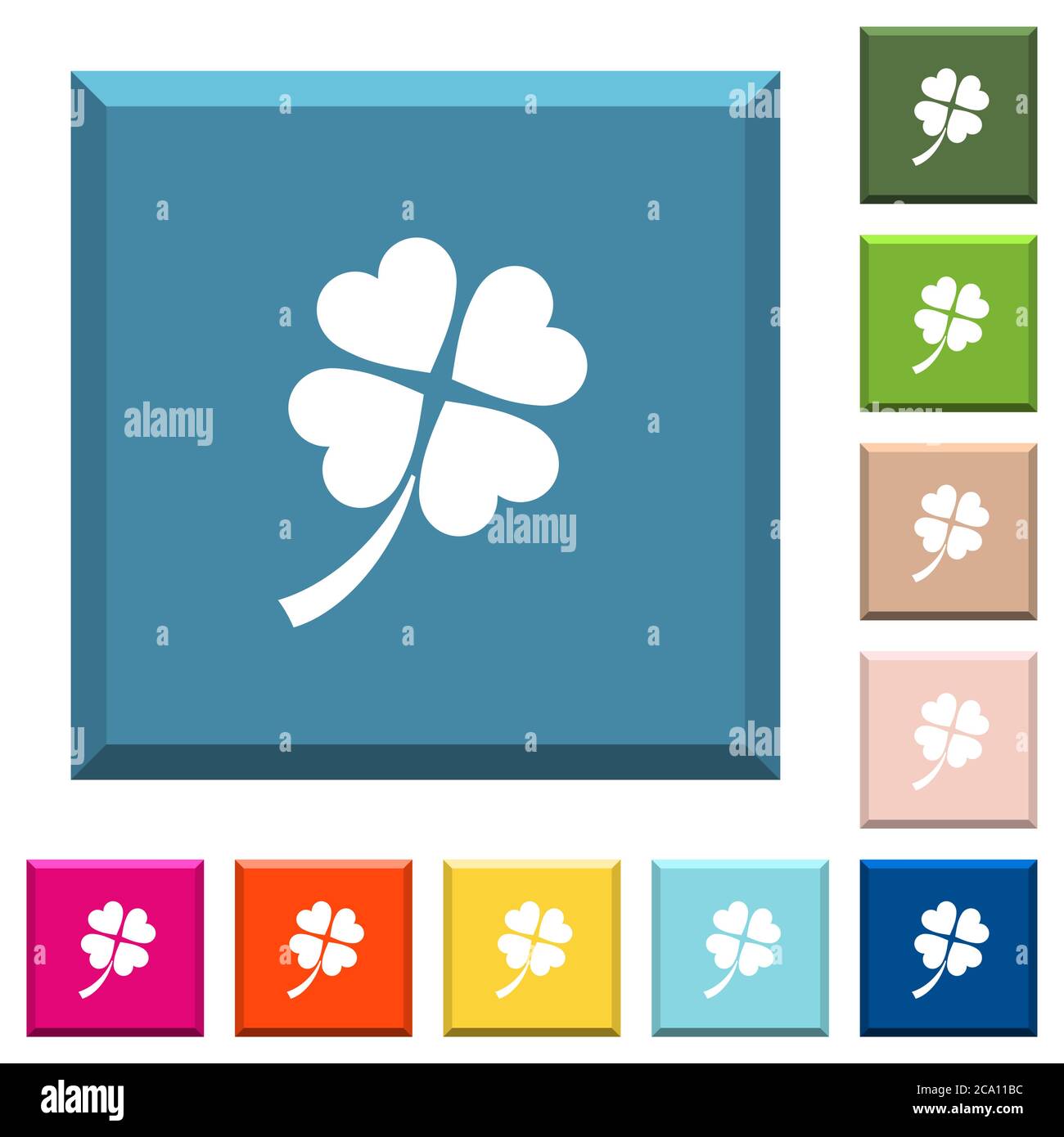 Four leaf clover white icons on edged square buttons in various trendy ...