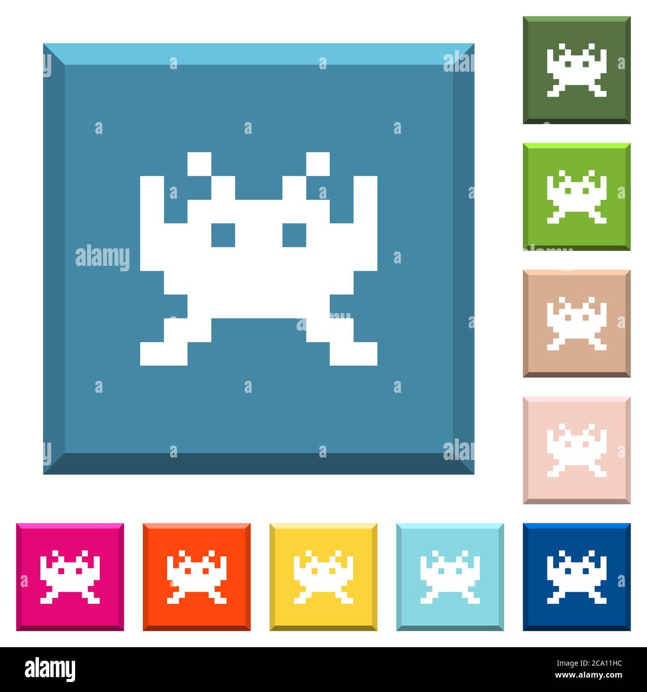 Video game white icons on edged square buttons in various trendy colors ...