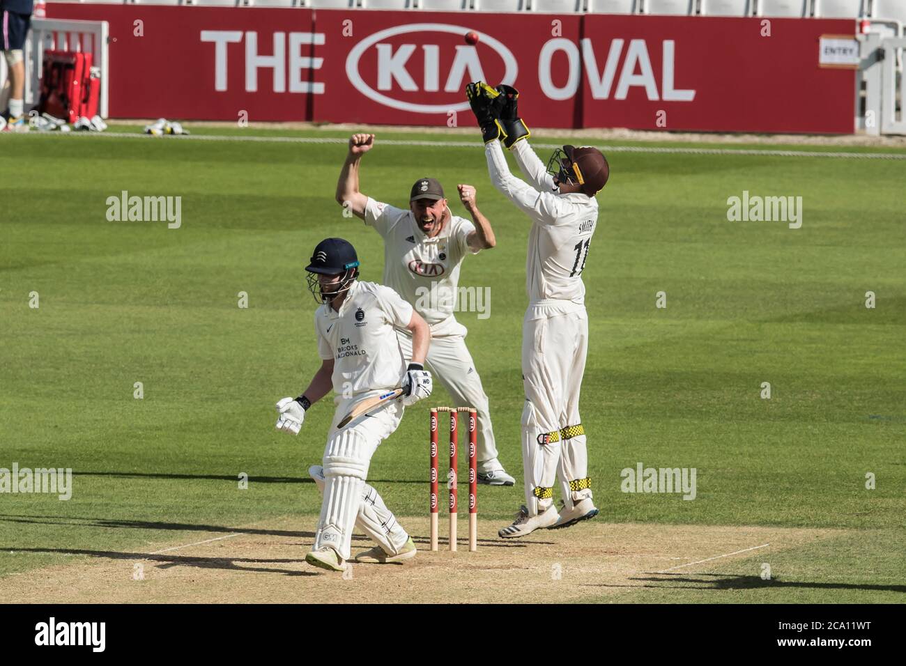 London, UK. 3 August, 2020. Jamie Smith throws the ball into the air ...