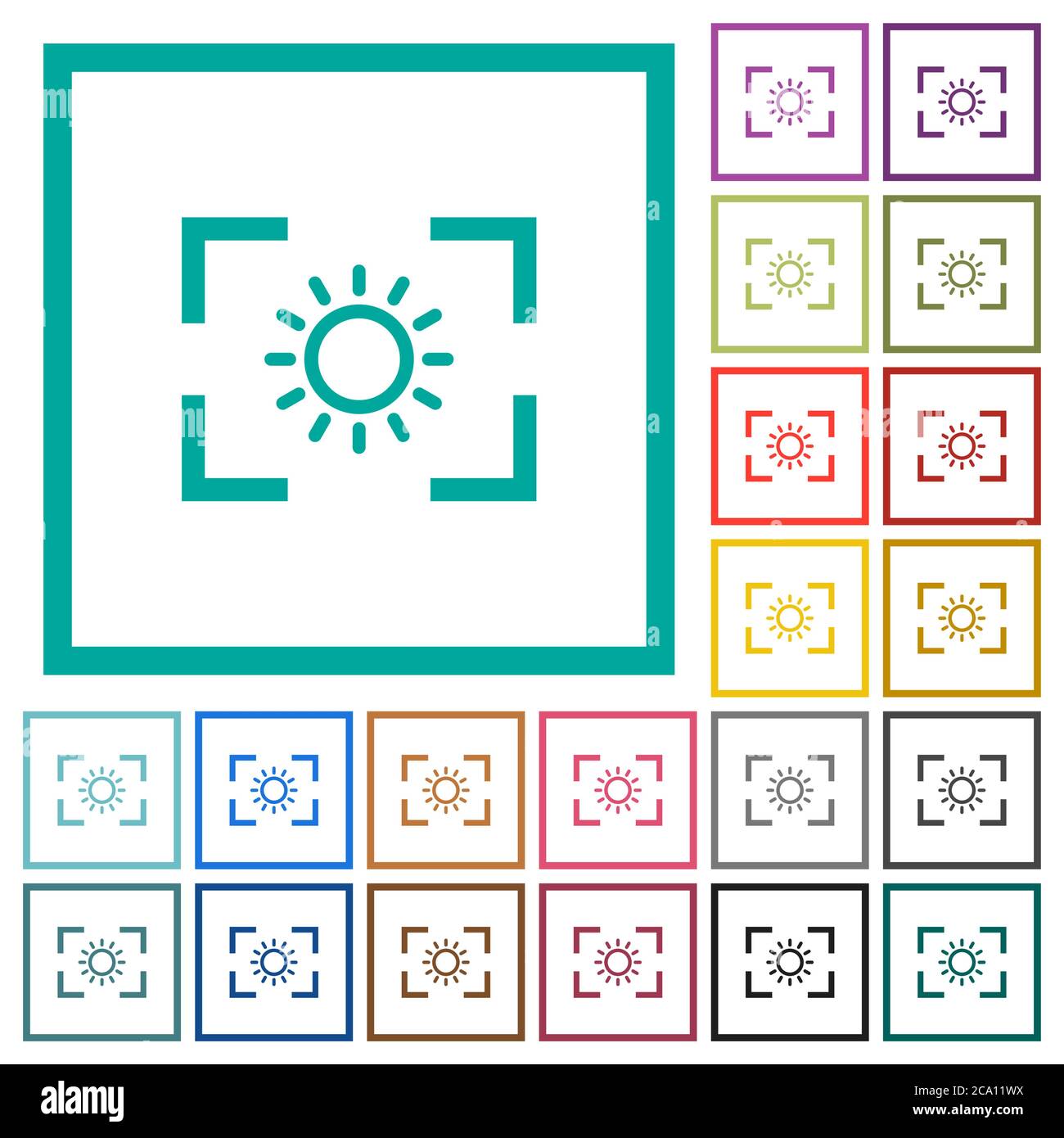 Camera brightness setting flat color icons with quadrant frames on ...