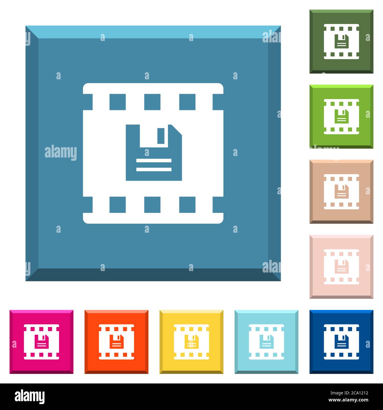 Save movie white icons on edged square buttons in various trendy colors ...