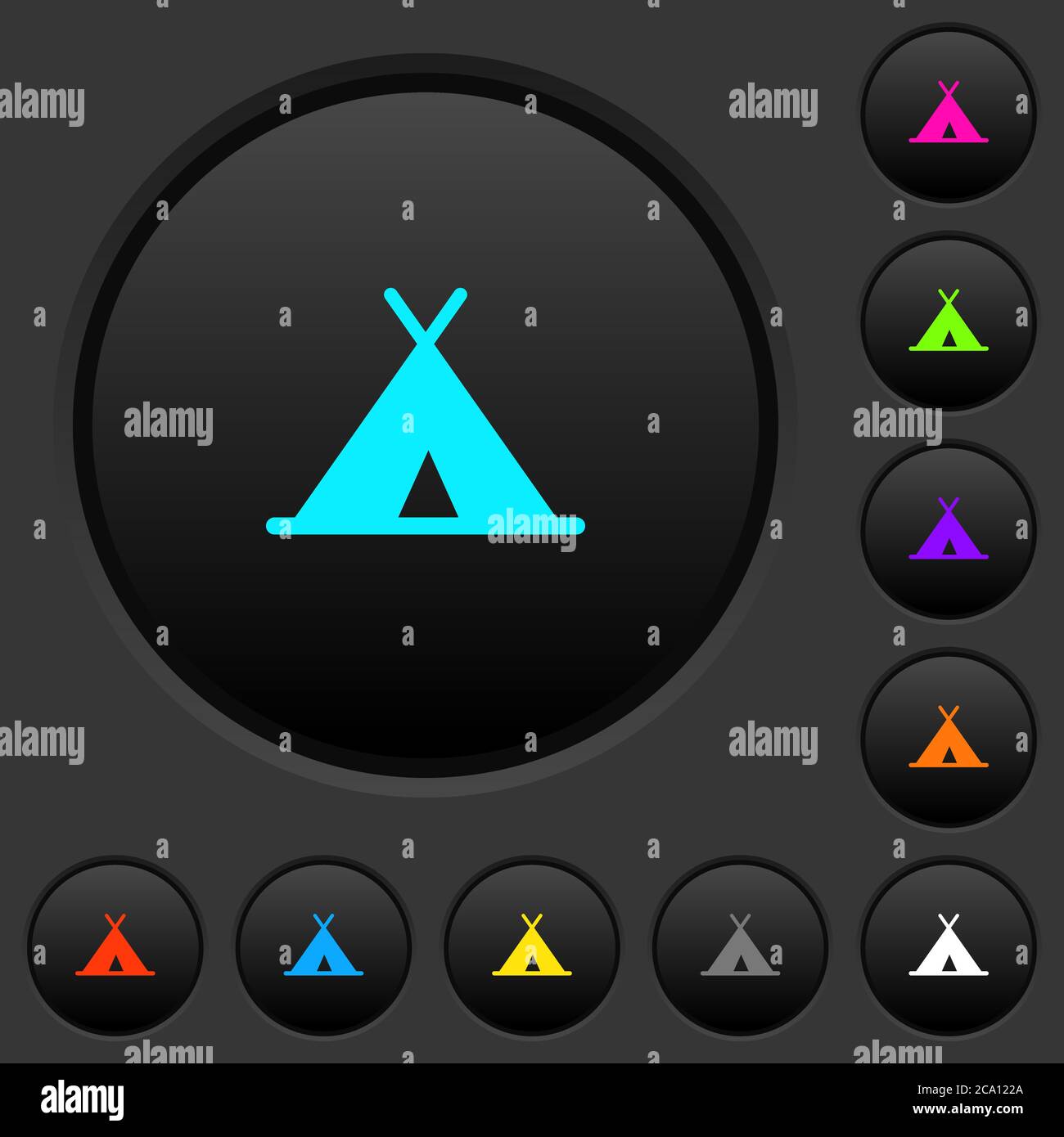 Tent dark push buttons with vivid color icons on dark grey background ...