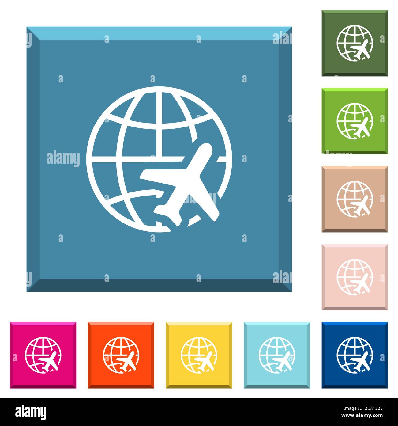 World travel white icons on edged square buttons in various trendy ...