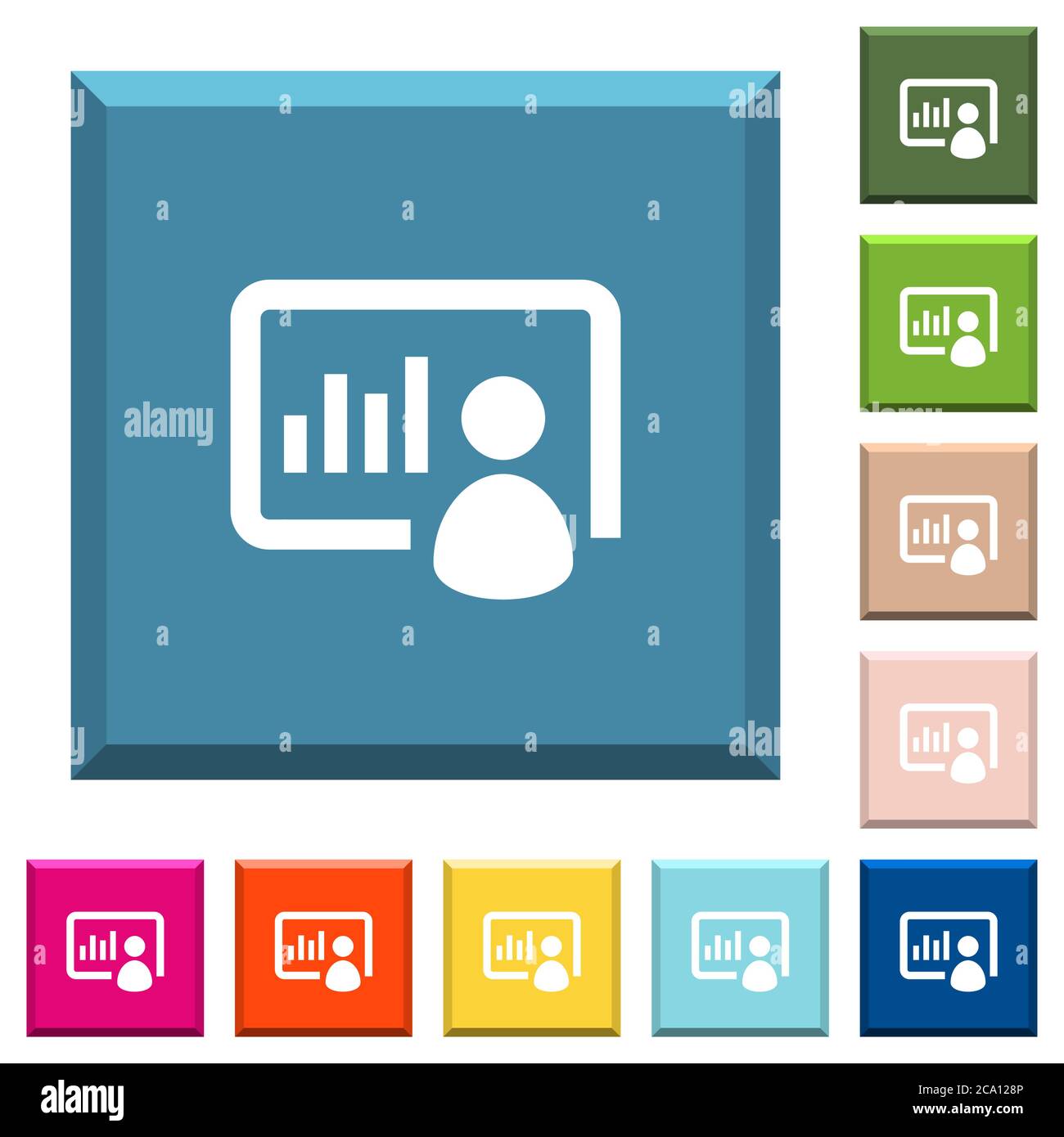 Presentation white icons on edged square buttons in various trendy ...